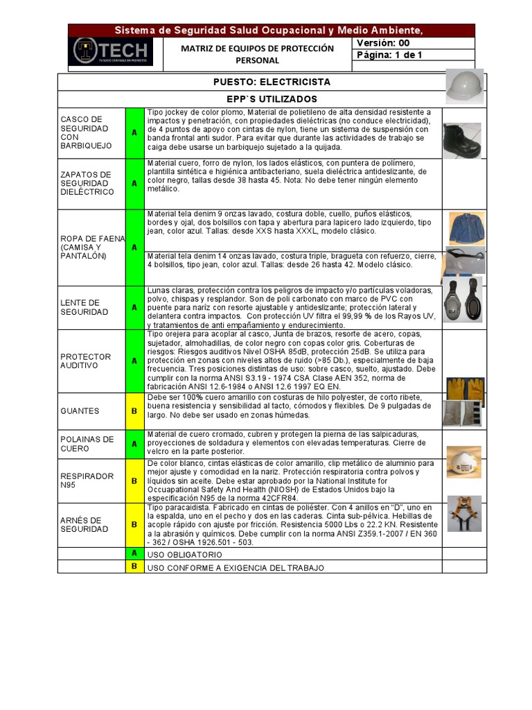 Matríz de Epp Electrico | PDF | Pantalones | Materiales