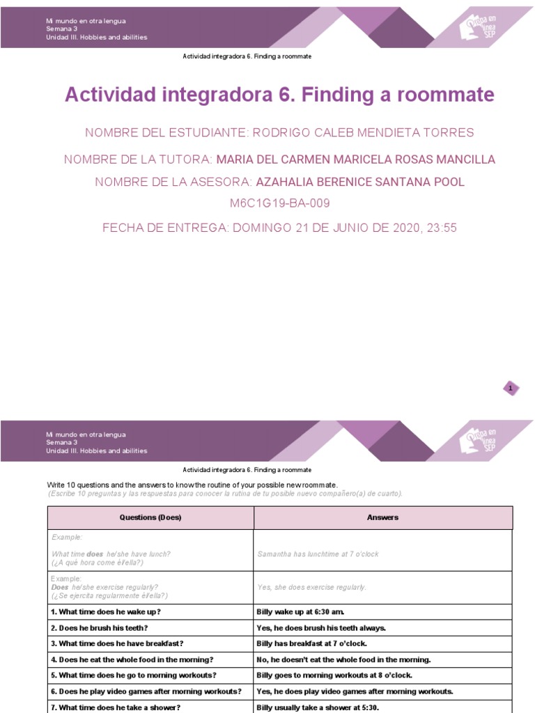 Actividad Integradora 6. Finding A Roommate: Mi Mundo en Otra Lengua ...