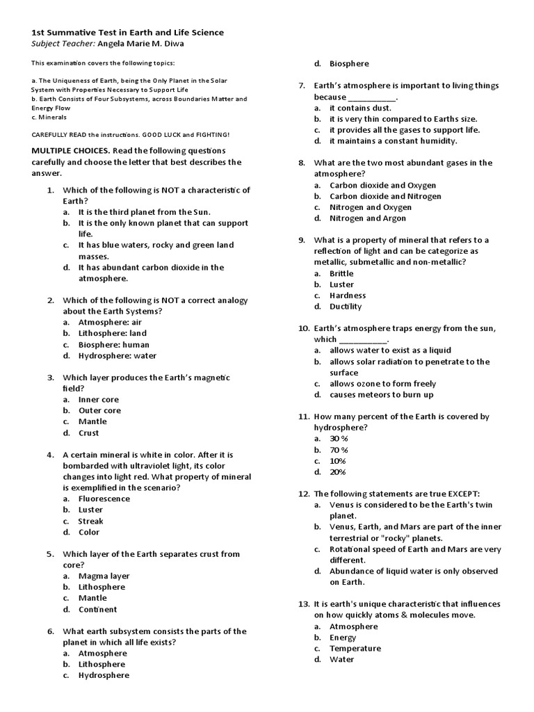 1st Summative Test in Earth and Life Science | PDF | Minerals ...