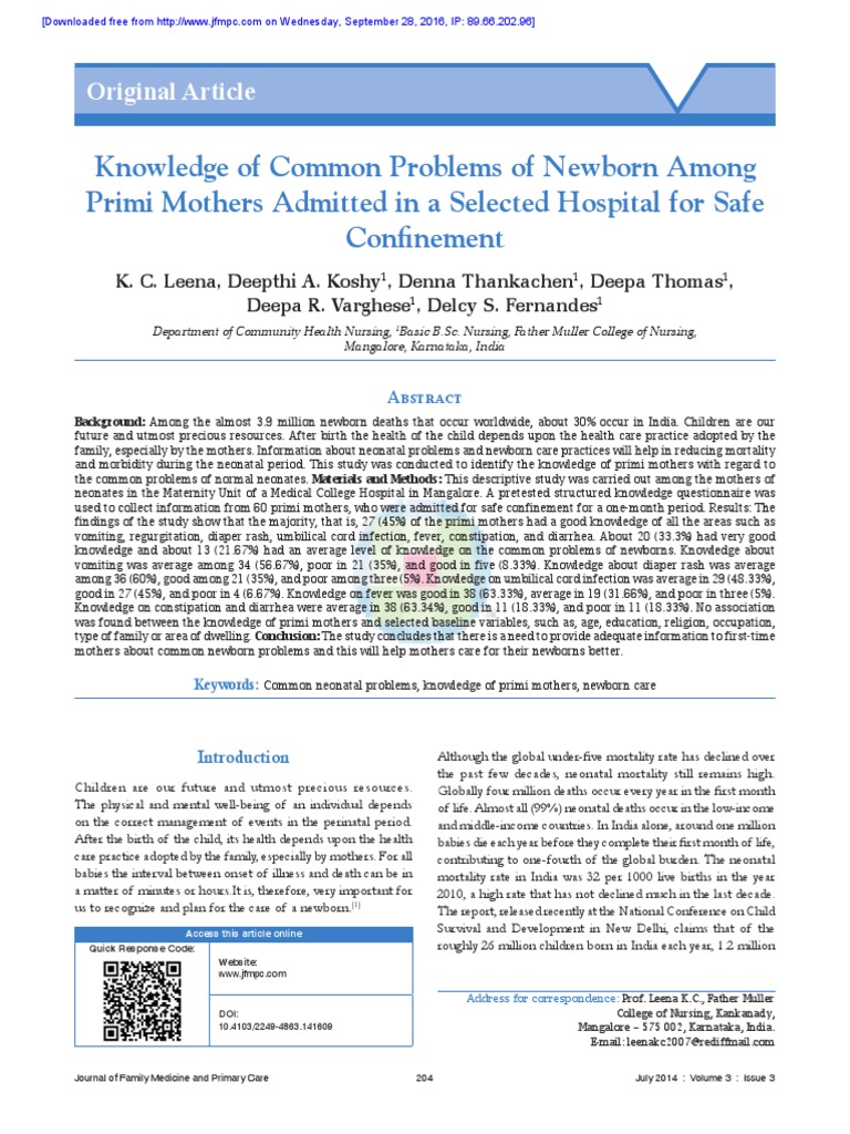 Knowledge of Common Problems of Newborn Among Prim | PDF | Infants ...