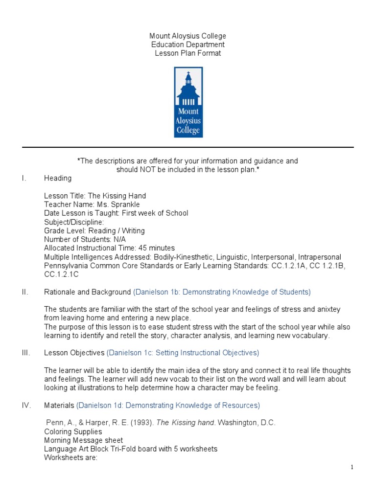 The Kissing Hand Lesson Plan 1 | PDF | Lesson Plan | Educational Assessment