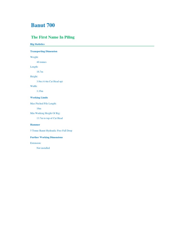 Banut 700 Rig Stats: Transport, Weight, Dimensions & Piling Limits | PDF