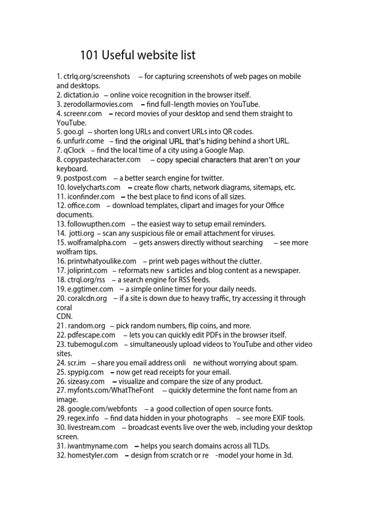 101 Useful Websites | PDF | Online And Offline | Websites