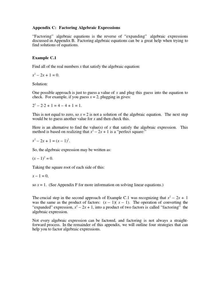 Appendix C: Factoring Algebraic Expressions | PDF | Quadratic Equation ...