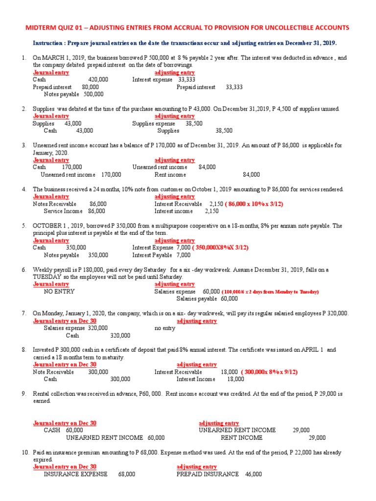 Midterm Quiz 01 - Adjusting Entries From Accrual To Provision For Uncollectible Accounts ...