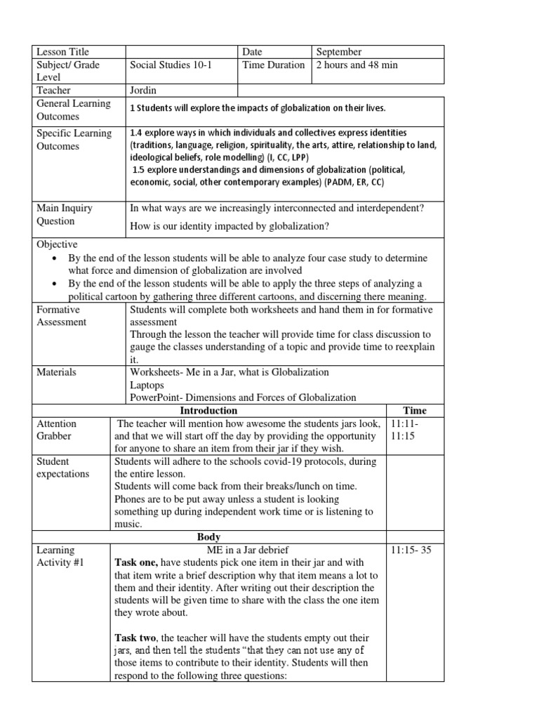 Social 10-1 Lesson Plan September 14th | PDF | Globalization | Lecture