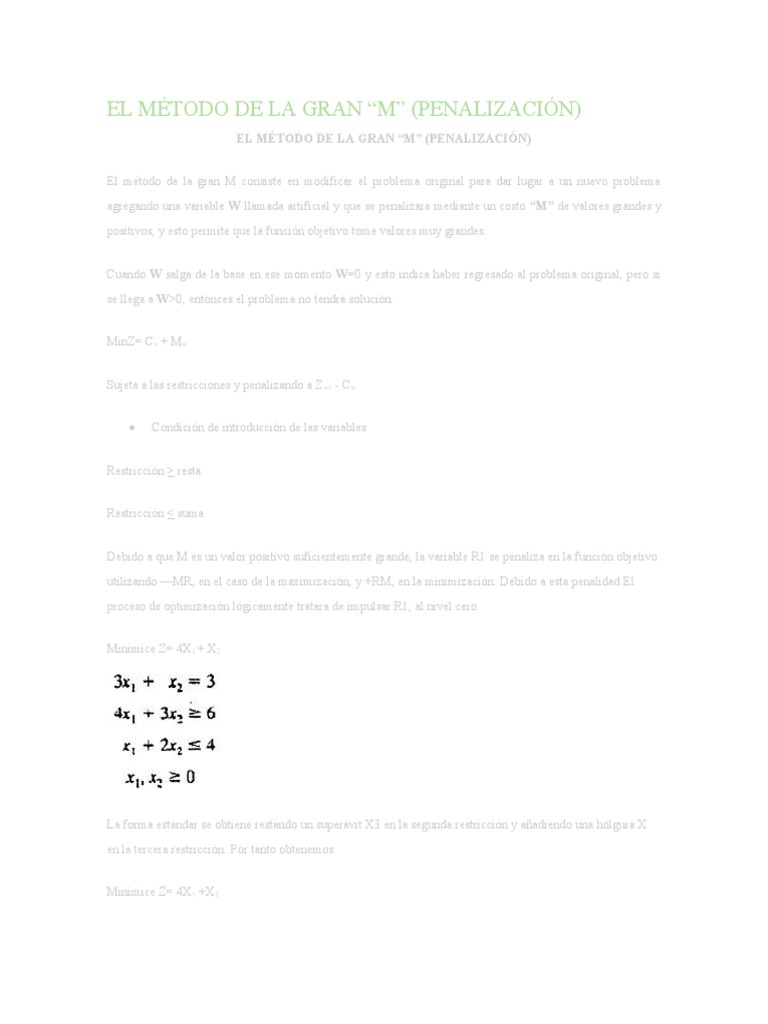 Método de la Gran M en Programación Lineal | PDF | Programación lineal ...