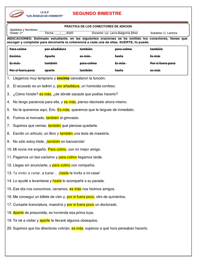 Práctica de Los Conectores de Adición 3° | PDF