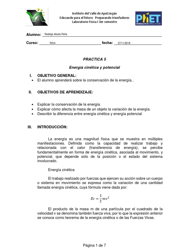 Práctica de Energía Cinética y Potencial | PDF | Gravedad | Fuerza