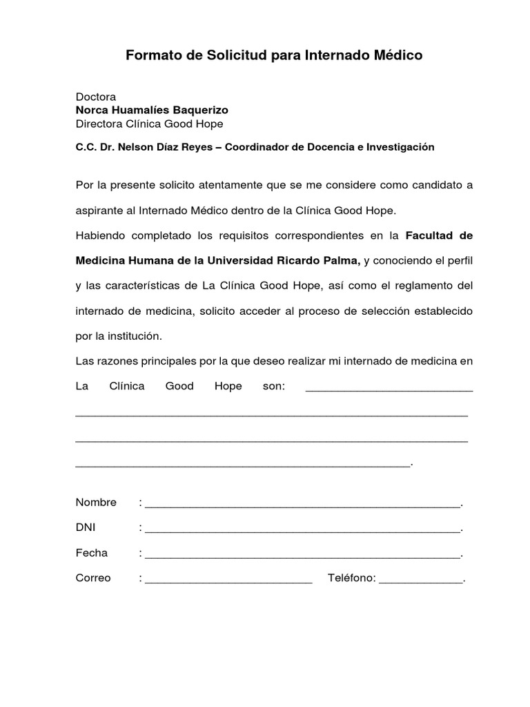 Solicitud Internado Clinica Good Hope 2020 PDF | PDF
