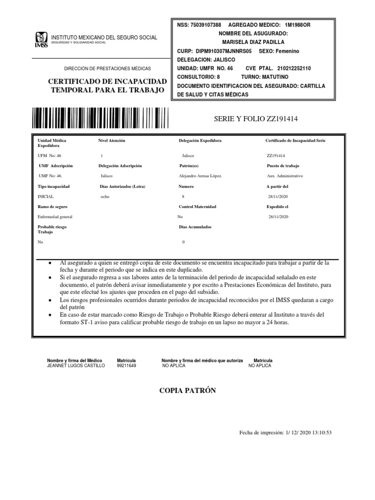 Certificado de Incapacidad IMSS | PDF | Cuidado de la salud | Ciencias ...