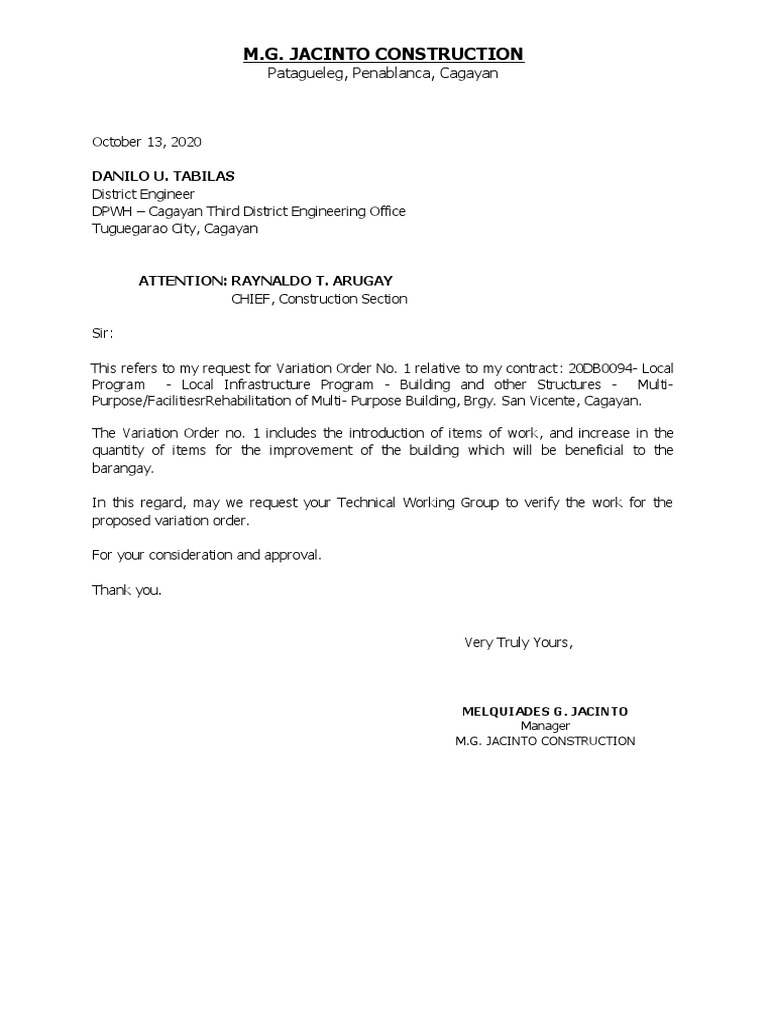 01 - Request For Variation Order #1 | PDF | Technology & Engineering