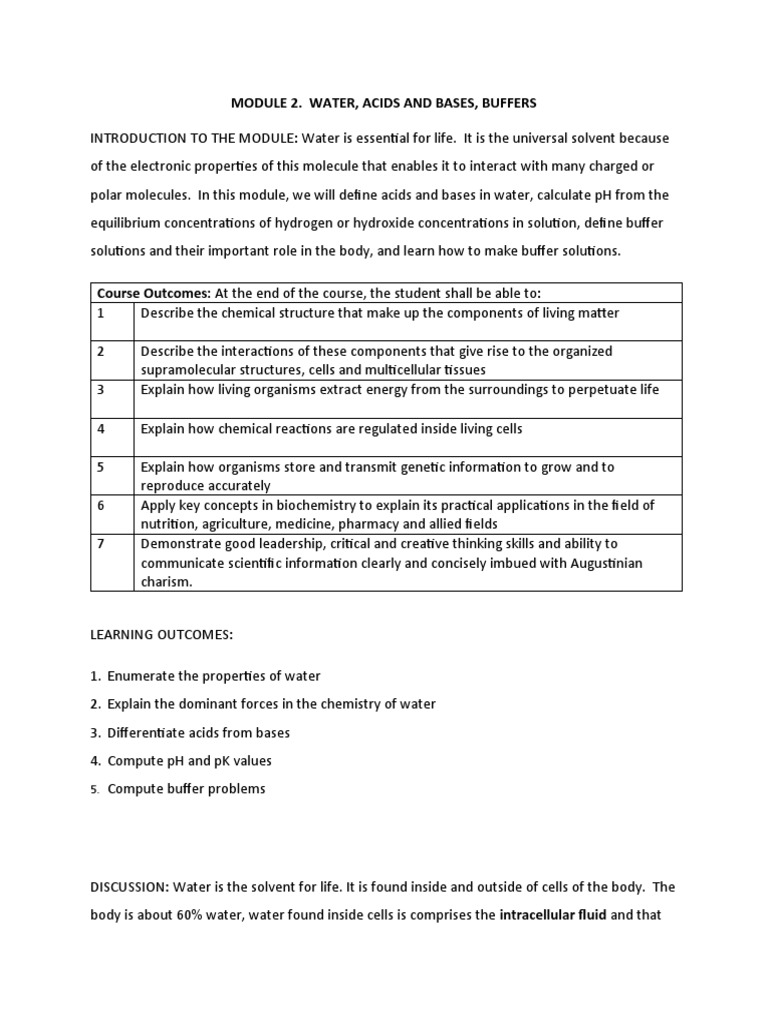 MODULE 2 - Water, Acids and Bases, Buffers | PDF | Buffer Solution | Ph