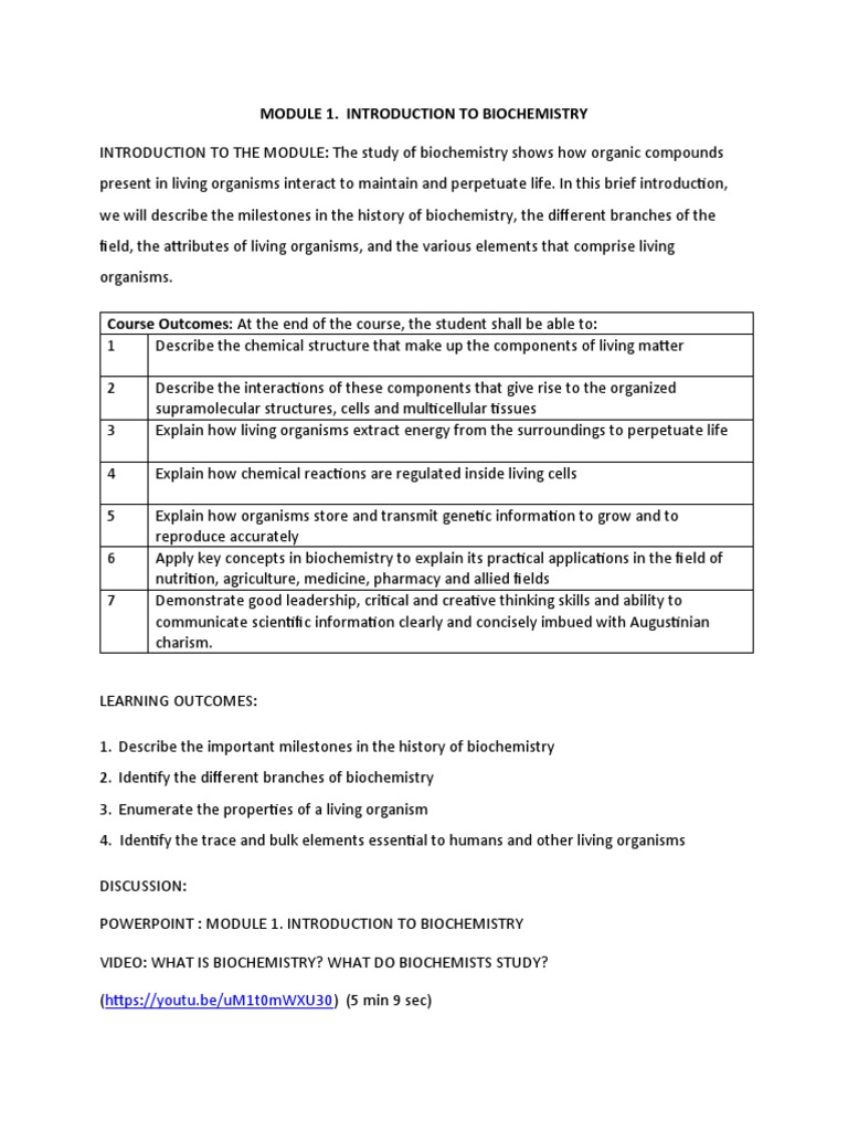 MODULE 1 - Introduction To Biochemistry | PDF | Biochemistry | Chemistry