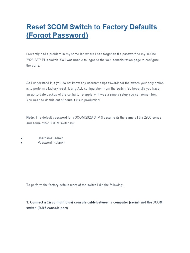 Reset 3COM, HP Switch | PDF | Booting | Ip Address