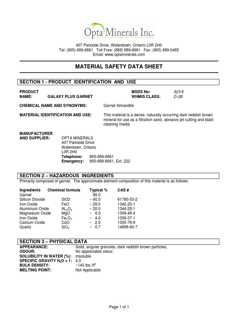 Galaxy Plus Garnet: Material Safety Data Sheet for an Abrasive Mineral ...
