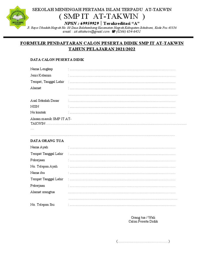 Contoh Formulir Pendaftaran SMP | PDF