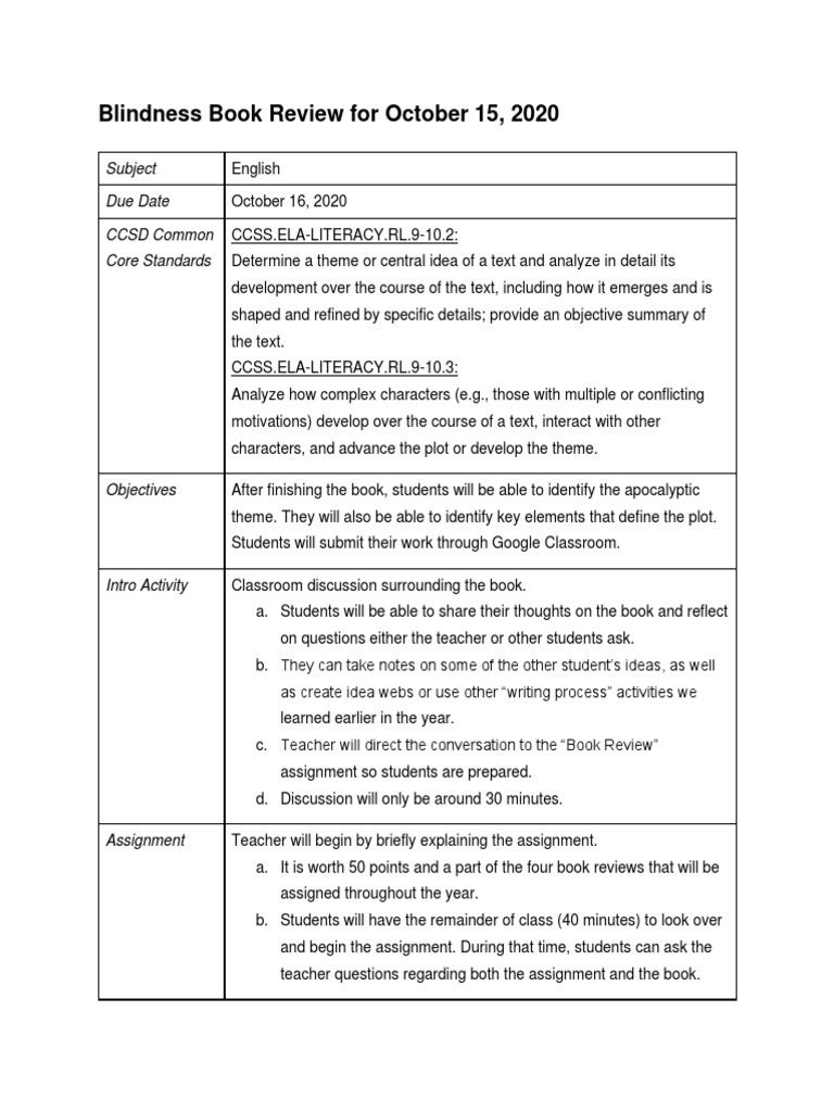 Blindness Book Review Lesson Plan | PDF | Lesson Plan | Teachers
