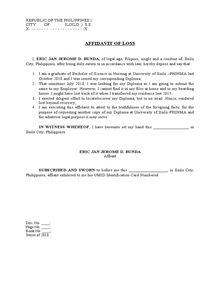 Affidavit of Loss DIPLOMA Eric | PDF