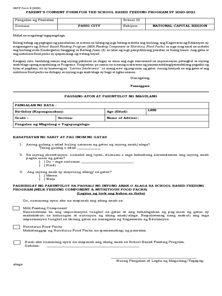 SBFP Form 9 Parent Consent Rev 1 | PDF
