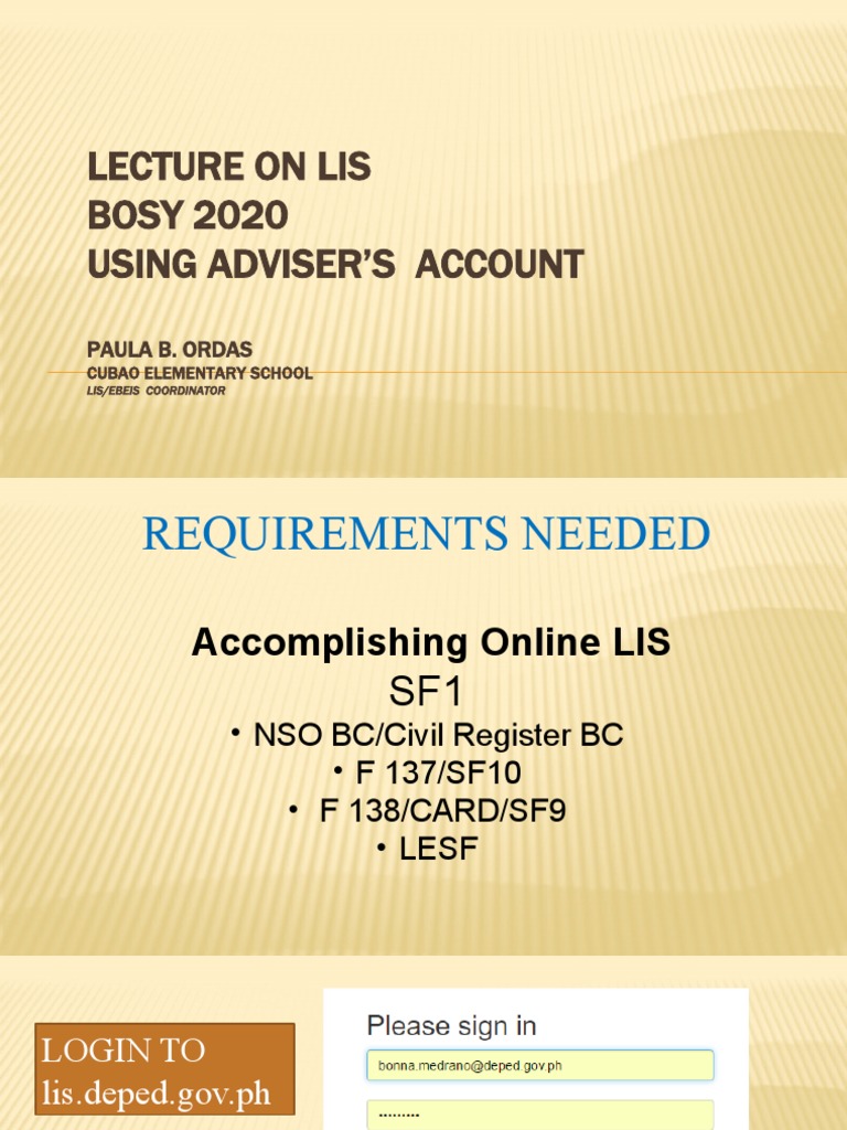 Lecture On Lis BOSY 2020 Using Adviser'S Account: Paula B. Ordas | PDF ...