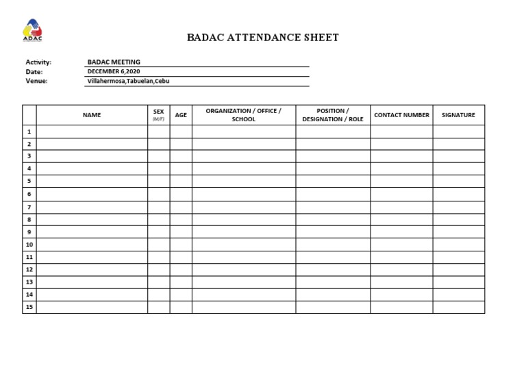 Badac Attendance Sheet: Activity: Badac Meeting Date: Venue | PDF
