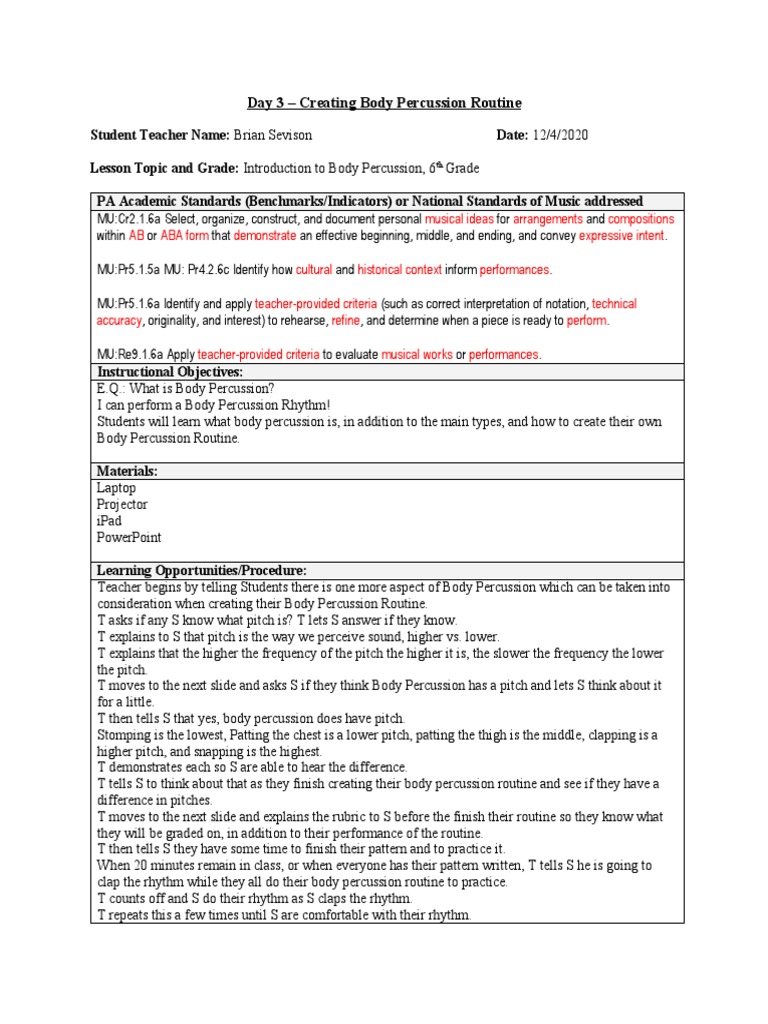Day 3 - Body Percussion Lesson | PDF | Rubric (Academic) | Pitch (Music)
