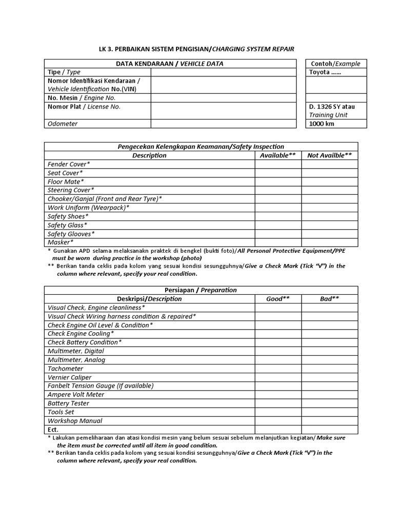 Contoh/Example Tipe / Type Toyota Nomor Identifikasi Kendaraan / No ...