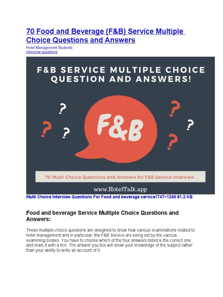 F&B Service MCQ Questions & Answers | PDF | Waiting Staff | Hors D'oeuvre