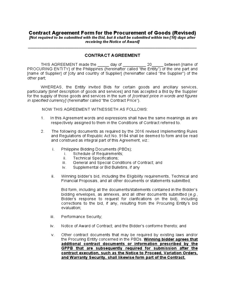 Contract Agreement Form For The Procurement of Goods (Revised) | PDF ...