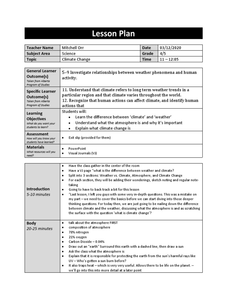 Climate Change Lesson Plan for Grades 4-5 | PDF | Atmosphere Of Earth ...