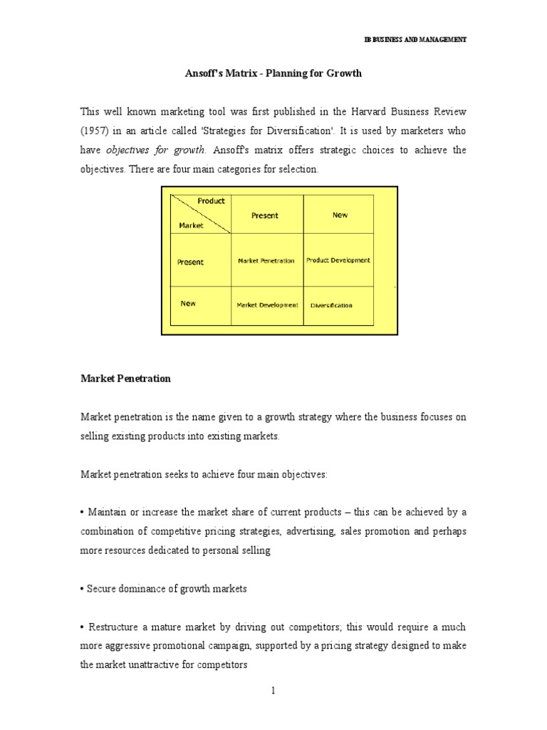 Ansoff Matrix Notes and Exercise | PDF | Marketing Strategy | Strategic ...