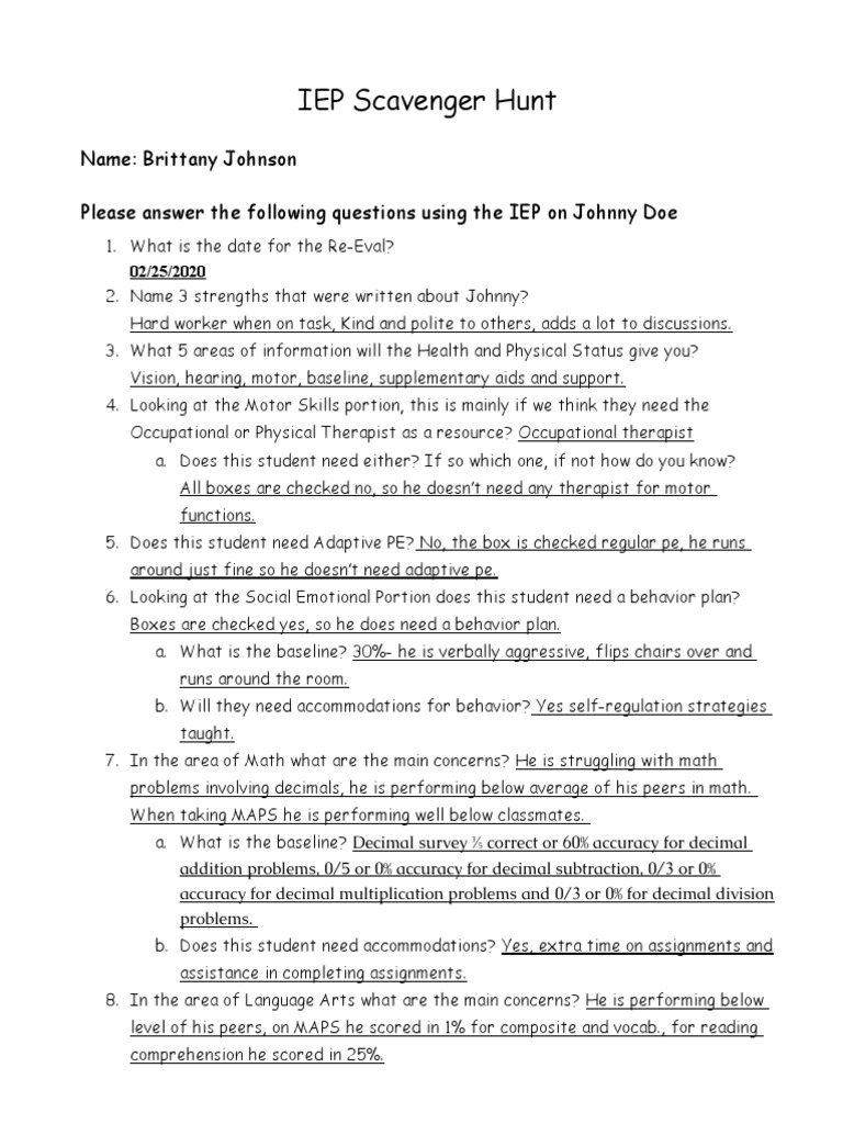 Iep Scavenger Hunt-Brittanyjohnson | PDF | Individualized Education ...