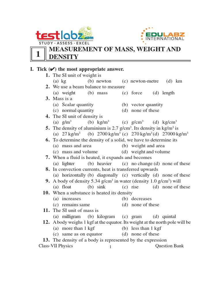 Measurement of Mass, Weight and Density: Class-VII Physics Question ...
