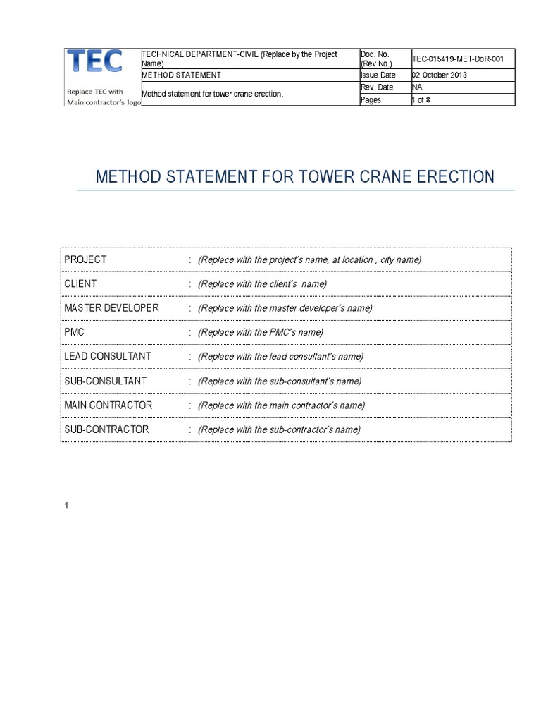 TEC-015419 - MET-DoR-001 (Method Statement For Tower Crane Erection) | PDF | Crane (Machine ...