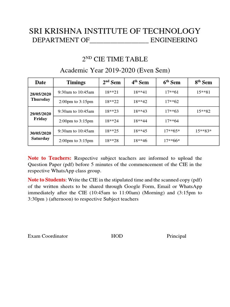 SKIT 2nd CIE Exam Schedule 2019-2020 | PDF | Technology & Engineering