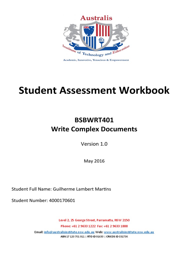 Student Assessment Workbook: BSBWRT401 Write Complex Documents | PDF | English Language | Document