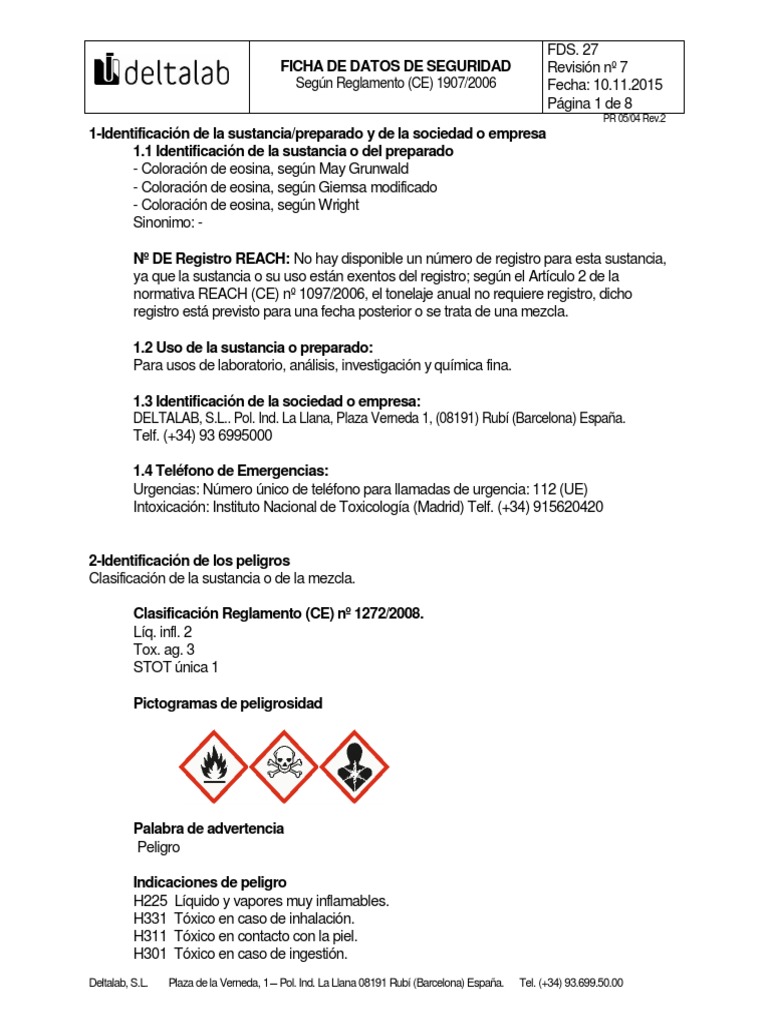 Ficha Seguridad FDS 27 Rev.7 Coloracion Eosina | Descargar gratis PDF | Toxicidad | Residuos