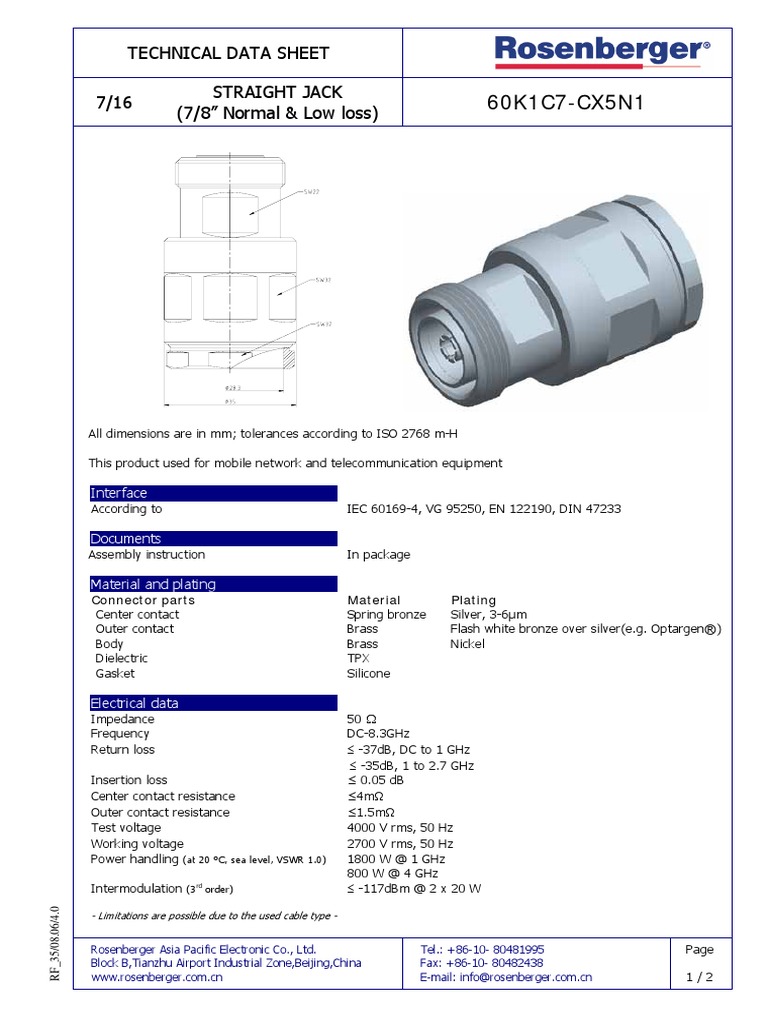 60K1C7-CX5N1: Technical Data Sheet 7/16 Straight Jack (7/8" Normal ...