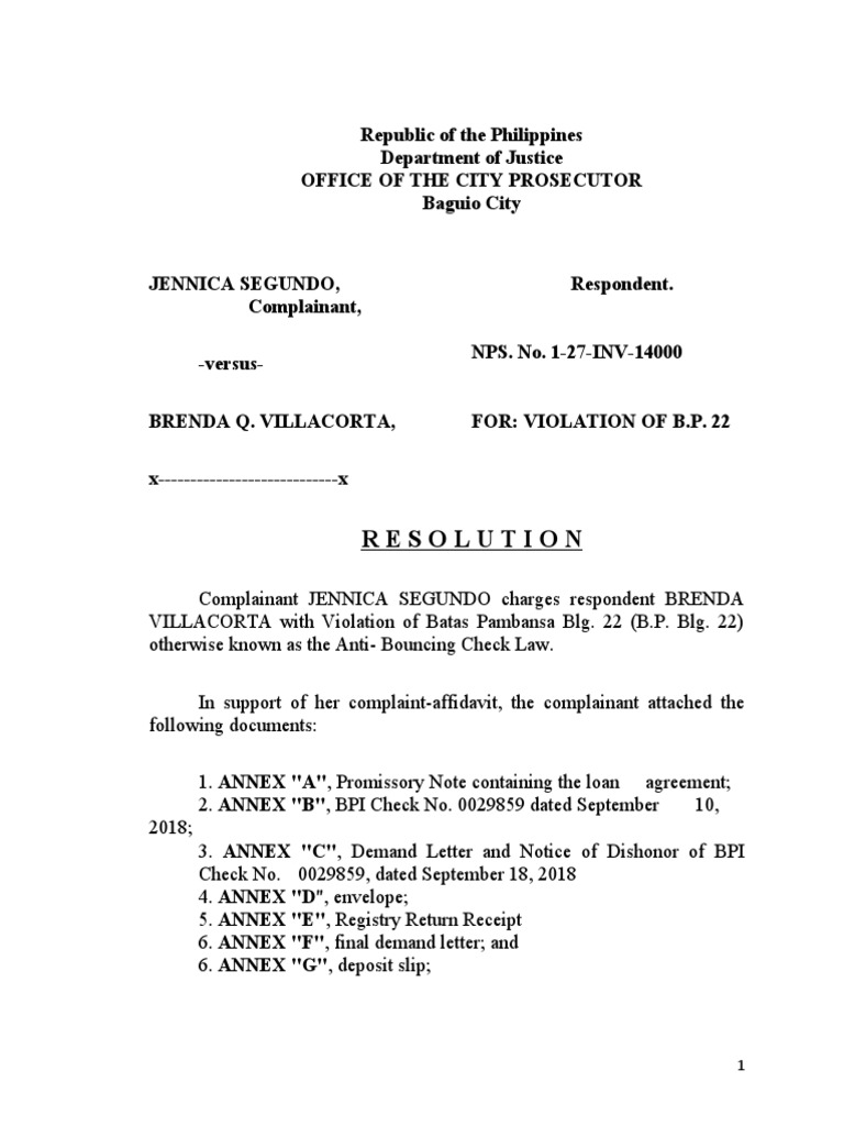 Resolution: Republic of The Philippines Department of Justice Office of ...