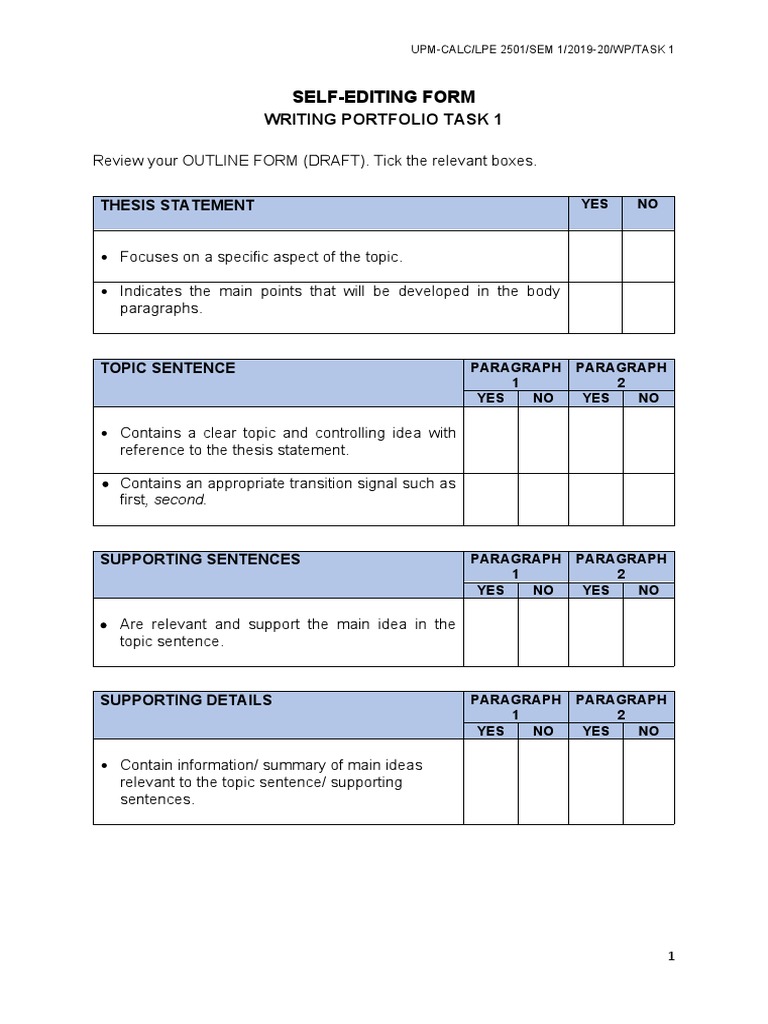 Lpe 2501 Writing Portfolio Task 1 (Self-Editing Form) | PDF