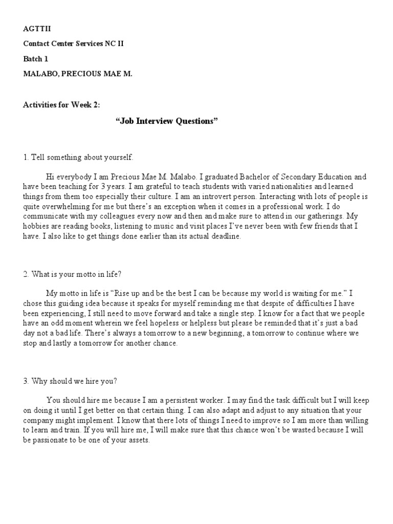 "Job Interview Questions": Activities For Week 2 | PDF | Psychological ...