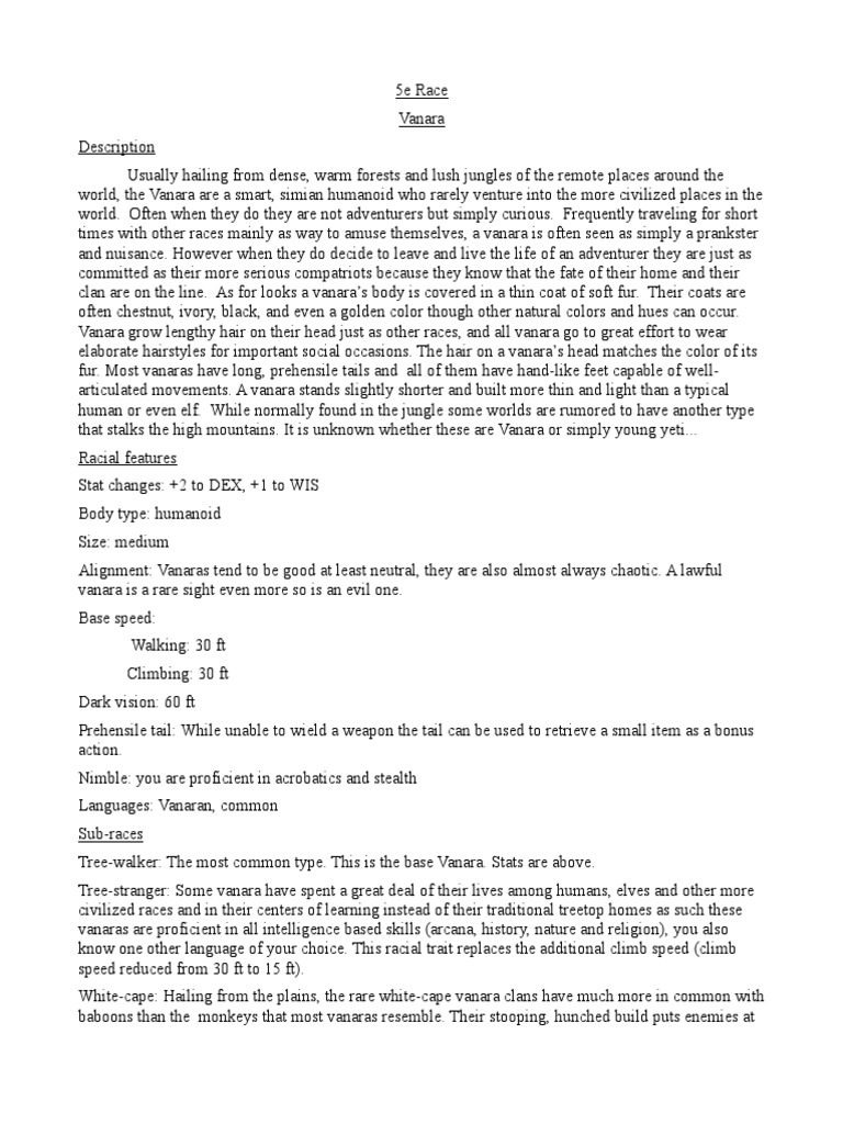 Vanara Race (5e) | Download Free PDF | Hair