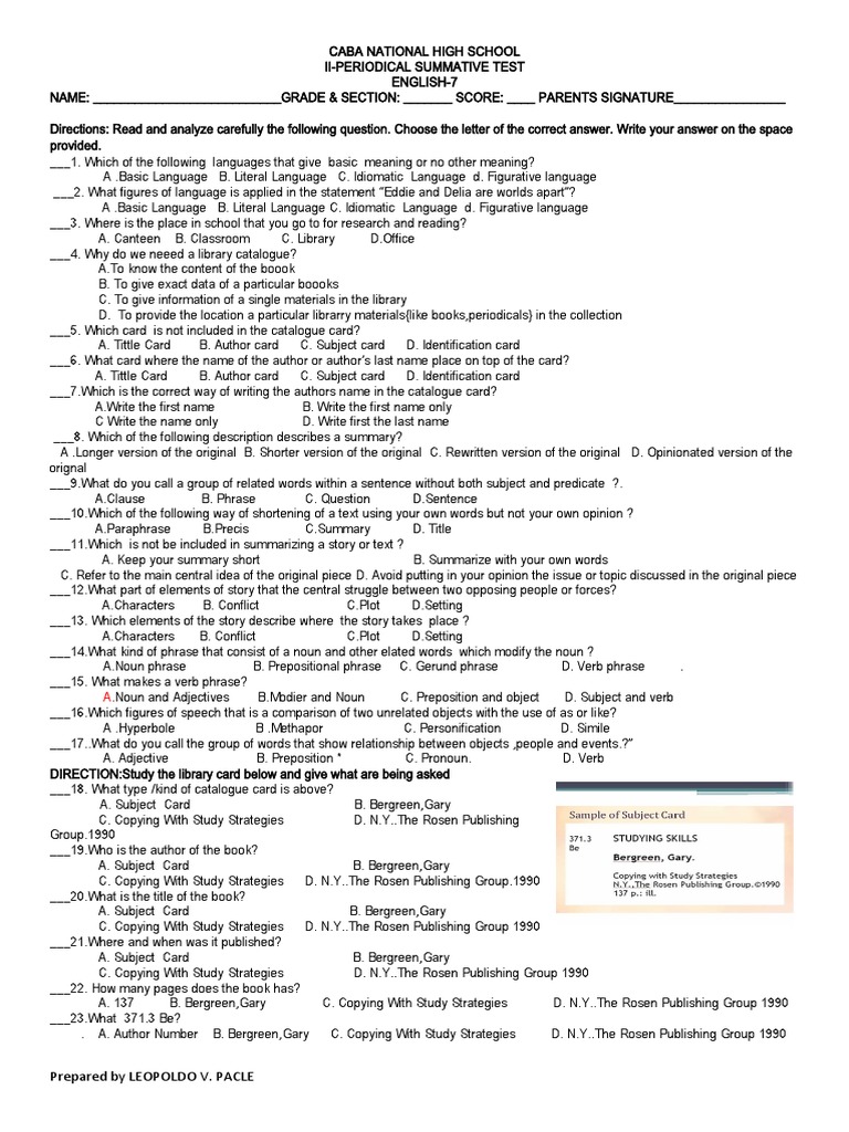 English-7 Periodical Test | PDF | Verb | Noun