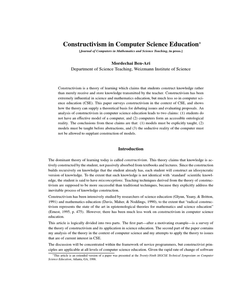 Constructivism in Computer Science Education: Mordechai Ben-Ari | PDF | Constructivism ...