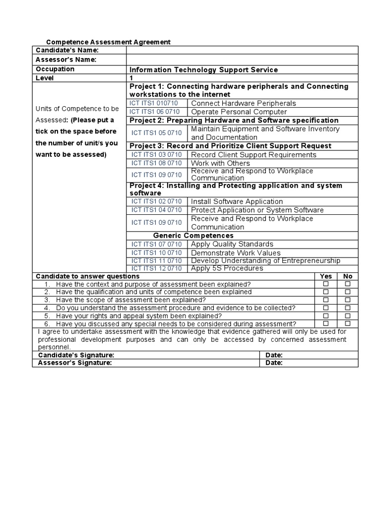 Competence Assessment Agreement Candidate's Name: Assessor's Name ...