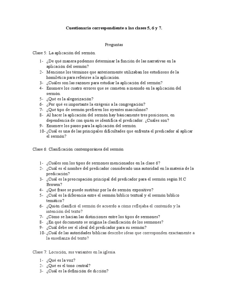 Cuestionario de Homilética Avanzada | PDF | Sermón | Homilética