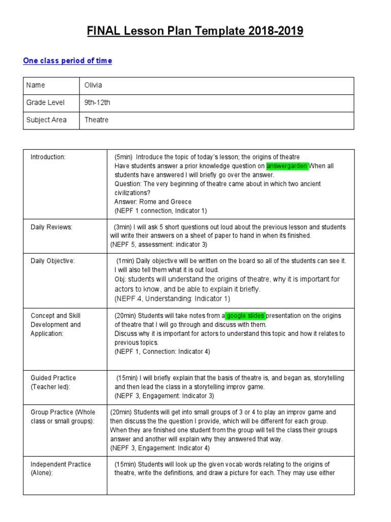Final Lesson Plan Template 2018-2019 | PDF | Lesson Plan | Question