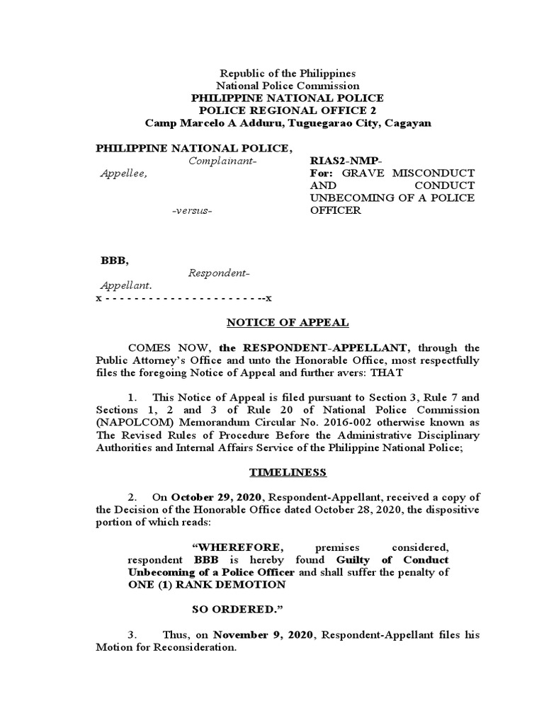 Notice of Appeal NAPOLCOM | PDF | Appeal | Judiciaries