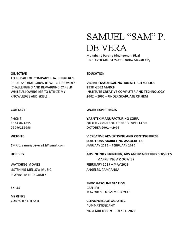 Samuel P. De Vera - Resume Overview | PDF
